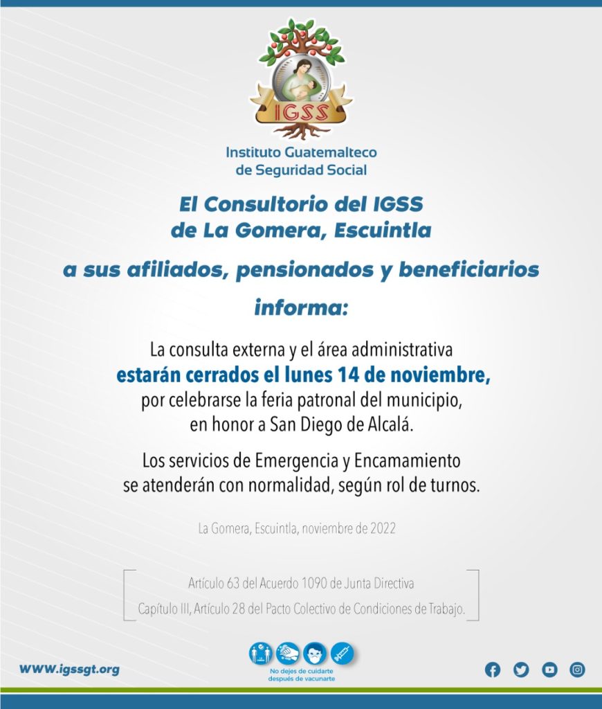 Aviso. El Consultorio del IGSS de La Gomera, Escuintla a sus afiliados, pensionados y ...