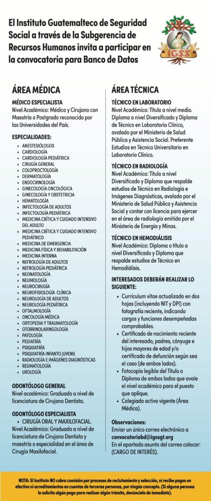 El IGSS invita a participar en la convocatoria para Banco de Datos en áreas médicas y técnicas ...