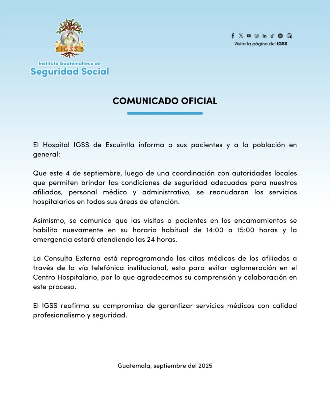 Comunicado. El Hospital IGSS de Escuintla informa a sus pacientes y a ...